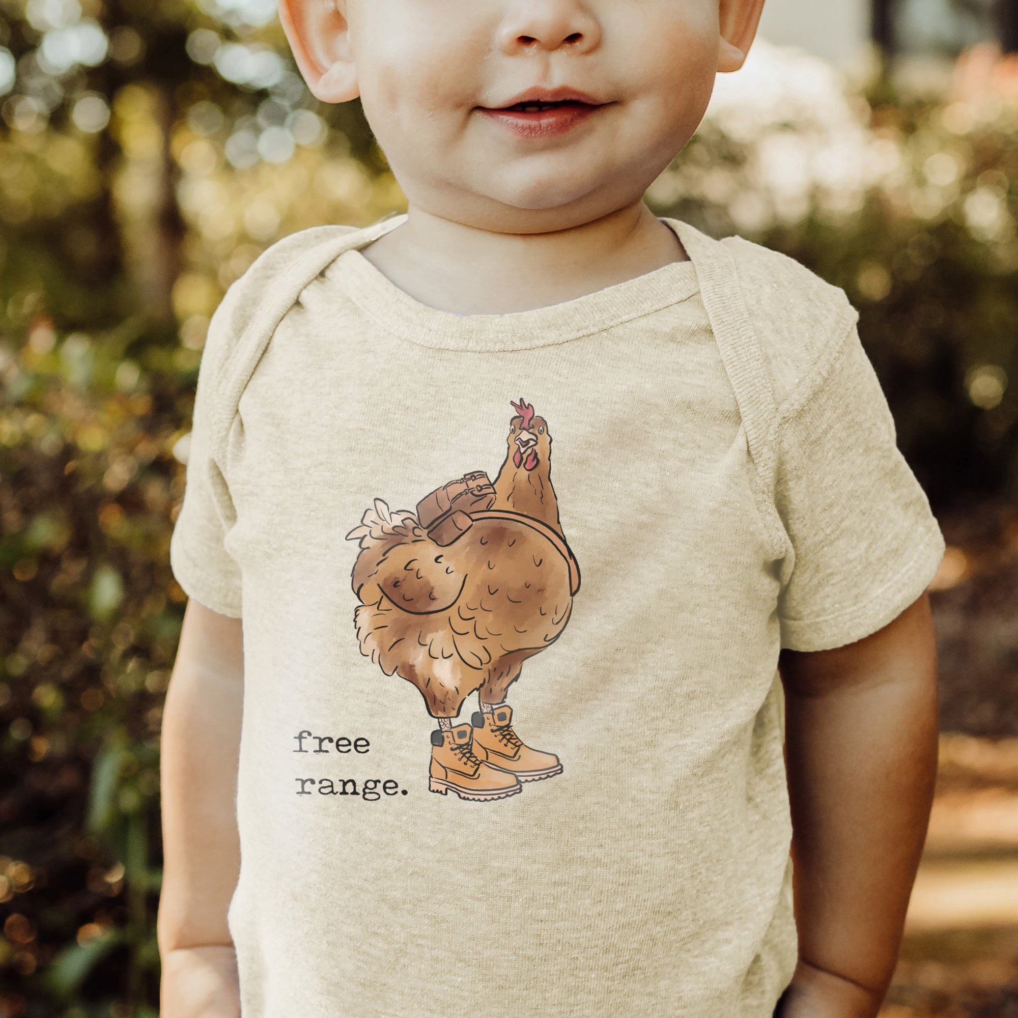 "Free Range" Hiking Chicken Baby Beige Body suit | Barefoot Baby